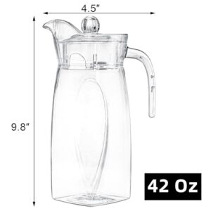 Hacaroa 2 Pack Clear Plastic Pitcher with Lid, 42 Oz Square Water Carafe with Handle, Iced Tea Pitcher Beverage Containers for Juice, Sangria, Lemonade, Heat-resistant, Shatter-proof