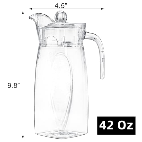 Hacaroa 2 Pack Clear Plastic Pitcher with Lid, 42 Oz Square Water Carafe with Handle, Iced Tea Pitcher Beverage Containers for Juice, Sangria, Lemonade, Heat-resistant, Shatter-proof