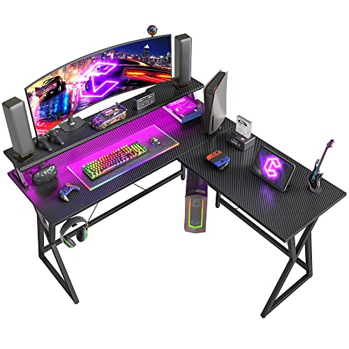 CubiCubi 51 Inch Gaming Corner Desk with LED Strip and Large Monitor Stand, Ergonomic Gaming Table, Gamer Desk, L Shape, PC Corner Table, Computer Desk with Hook for Headphone