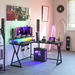 CubiCubi 51 Inch Gaming Corner Desk with LED Strip and Large Monitor Stand, Ergonomic Gaming Table, Gamer Desk, L Shape, PC Corner Table, Computer Desk with Hook for Headphone