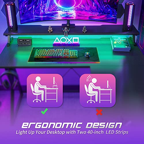 CubiCubi 51 Inch Gaming Corner Desk with LED Strip and Large Monitor Stand, Ergonomic Gaming Table, Gamer Desk, L Shape, PC Corner Table, Computer Desk with Hook for Headphone