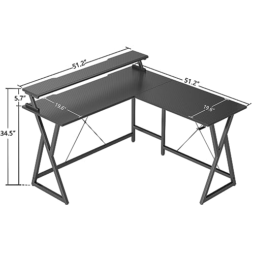 CubiCubi 51 Inch Gaming Corner Desk with LED Strip and Large Monitor Stand, Ergonomic Gaming Table, Gamer Desk, L Shape, PC Corner Table, Computer Desk with Hook for Headphone