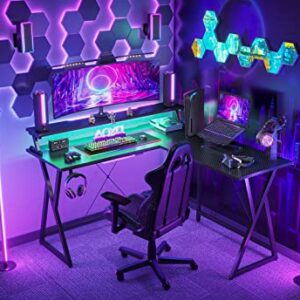 CubiCubi 51 Inch Gaming Corner Desk with LED Strip and Large Monitor Stand, Ergonomic Gaming Table, Gamer Desk, L Shape, PC Corner Table, Computer Desk with Hook for Headphone