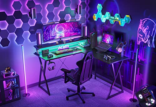 CubiCubi 51 Inch Gaming Corner Desk with LED Strip and Large Monitor Stand, Ergonomic Gaming Table, Gamer Desk, L Shape, PC Corner Table, Computer Desk with Hook for Headphone