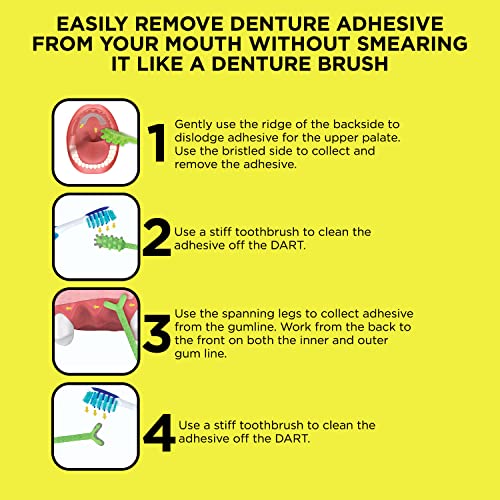 Denture Dart V2 Hard Plastic Denture Gel Adhesive Remover - Remove Denture Gel Adhesive from Mouth & Gums, Denture Glue Removal Tool, Oral Hygiene, Scraper w/Textured Grip and Rigid Bristles