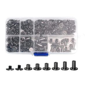 90 sets chicago screws assorted kit, 6 sizes of round flat head leather rivets metal screw studs for diy leather craft and bookbinding (m5 x 4, 5, 6, 8, 10, 12) (black)