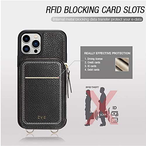 ZVE iPhone 13 Pro Wallet Case, iPhone 13 Pro Crossbody Case with Leather RFID Blocking Card Holder Crossbody Strap, Zipper Protective Cover Designed for Apple iPhone 13 Pro 6.1"-Black