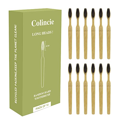 Colincie Extra Hard & Firm Bamboo Charcoal Toothbrush Long Head with Wide Thickened Handle Whitening Teeth Pack of 12