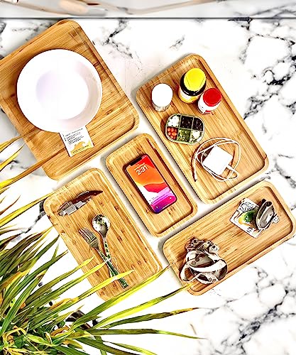 Bam&Boo Natural Bamboo Serving Tray Minimalist Rectangular — Food, Storage, Decor for Breakfast, Parties, Weddings, Picnics (12.5" x 7")