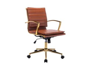 shunzhi leather desk chair with armrest pu leather office chair midback adjustable home computer executive chair swivel conference task chair managers chair with chrome base, brown and gold