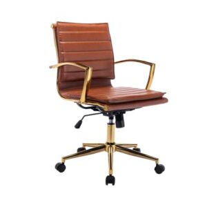 Shunzhi Leather Desk Chair with Armrest PU Leather Office Chair Midback Adjustable Home Computer Executive Chair Swivel Conference Task Chair Managers Chair with Chrome Base, Brown and Gold