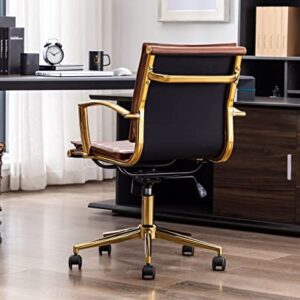 Shunzhi Leather Desk Chair with Armrest PU Leather Office Chair Midback Adjustable Home Computer Executive Chair Swivel Conference Task Chair Managers Chair with Chrome Base, Brown and Gold