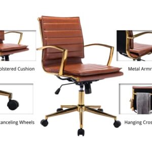 Shunzhi Leather Desk Chair with Armrest PU Leather Office Chair Midback Adjustable Home Computer Executive Chair Swivel Conference Task Chair Managers Chair with Chrome Base, Brown and Gold