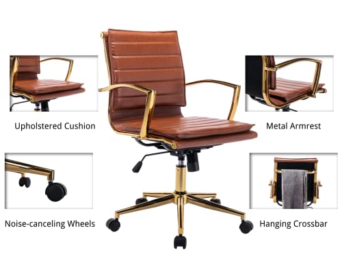 Shunzhi Leather Desk Chair with Armrest PU Leather Office Chair Midback Adjustable Home Computer Executive Chair Swivel Conference Task Chair Managers Chair with Chrome Base, Brown and Gold