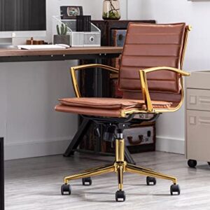 Shunzhi Leather Desk Chair with Armrest PU Leather Office Chair Midback Adjustable Home Computer Executive Chair Swivel Conference Task Chair Managers Chair with Chrome Base, Brown and Gold