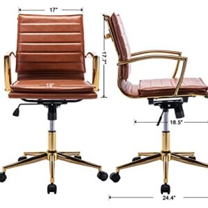 Shunzhi Leather Desk Chair with Armrest PU Leather Office Chair Midback Adjustable Home Computer Executive Chair Swivel Conference Task Chair Managers Chair with Chrome Base, Brown and Gold