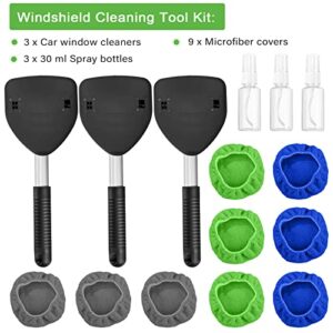 3 Packs Windshield Cleaner Car Window Cleaner Inside Car Windshield Cleaning Tool with Detachable Handle, 9 Reusable Microfiber Pads and 3 Spray Bottles for Interior Car Cleanser Brush Cleaning Kit