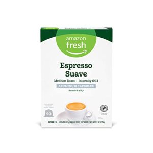 amazon fresh espresso suave medium roast aluminum capsules, compatible with nespresso original brewers, intensity 6/13, 50 count (5 packs of 10)