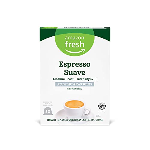 Amazon Fresh Espresso Suave Medium Roast Aluminum Capsules, Compatible with Nespresso Original Brewers, Intensity 6/13, 50 Count (5 Packs of 10)