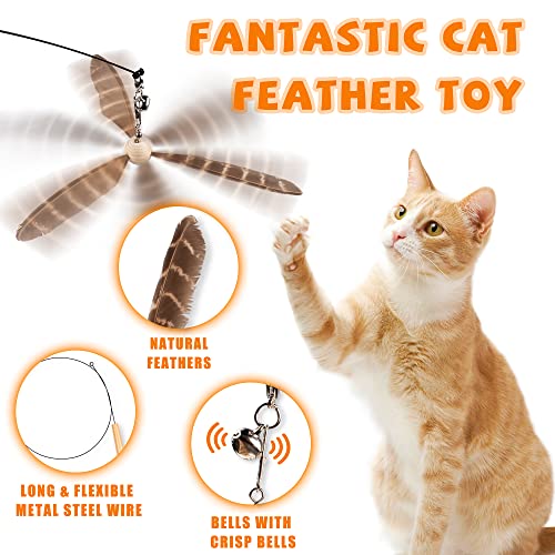 JXFUKAL Cat Wand Toys, Interactive Cat Toys with 3 Feather Refills, 29'' Flexible Steel Wire, Sturdy Wood Handle & Bell for Kitty Kitten, Cat Toys for Indoor Cats Cat Teaser Cat String Toy