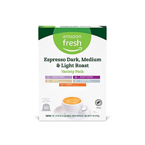 Amazon Fresh Espresso Dark, Medium & Light Roast Aluminum Capsules, Variety Pack, Compatible with Nespresso Original Brewers, 50 Count (5 Packs of 10)