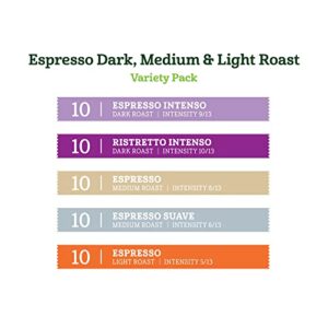 Amazon Fresh Espresso Dark, Medium & Light Roast Aluminum Capsules, Variety Pack, Compatible with Nespresso Original Brewers, 50 Count (5 Packs of 10)