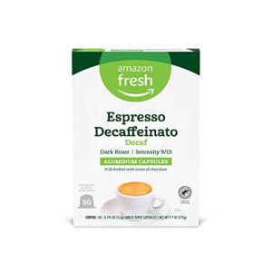 amazon fresh espresso decaffeinato dark roast aluminum capsules, compatible with nespresso original brewers, intensity 9/13, 50 count (5 packs of 10)