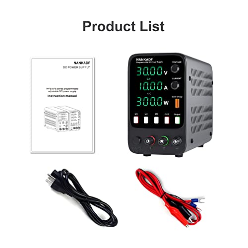 NANKADF DC Power Supply, 30V 10A Bench Power Supply with Memory Storage & Recall，Variable Power Suppy with Encoder Adjustment Knob, 5V/3.6A USB Quick-Charge & OCP Short Circuit Alarm