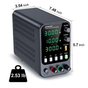 NANKADF DC Power Supply, 30V 10A Bench Power Supply with Memory Storage & Recall，Variable Power Suppy with Encoder Adjustment Knob, 5V/3.6A USB Quick-Charge & OCP Short Circuit Alarm