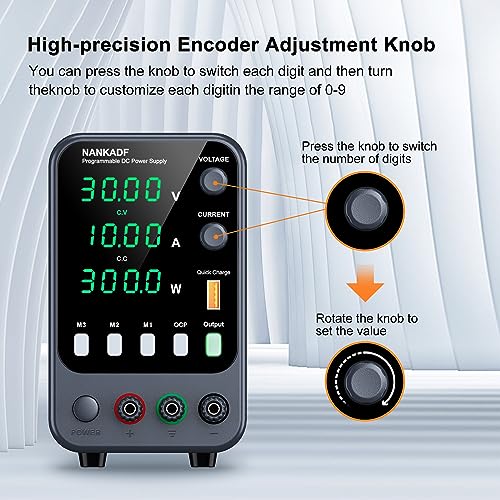 NANKADF DC Power Supply, 30V 10A Bench Power Supply with Memory Storage & Recall，Variable Power Suppy with Encoder Adjustment Knob, 5V/3.6A USB Quick-Charge & OCP Short Circuit Alarm