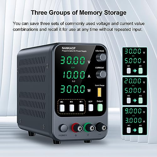 NANKADF DC Power Supply, 30V 10A Bench Power Supply with Memory Storage & Recall，Variable Power Suppy with Encoder Adjustment Knob, 5V/3.6A USB Quick-Charge & OCP Short Circuit Alarm