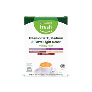 amazon fresh intenso dark, medium & forte light roast aluminum capsules, variety pack, compatible with nespresso original brewers, 50 count (5 packs of 10)