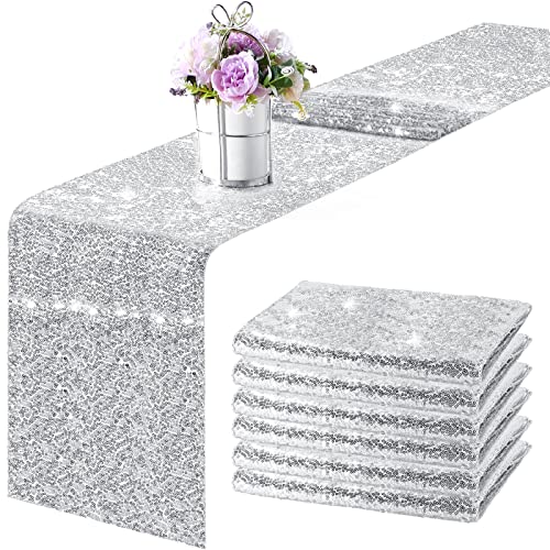 6 Pieces 12 x 108 Inches Sequin Table Runner Glitter Sequin Rectangular Table Runner Cloth for Birthday Wedding Baby Shower Bachelorette Holiday Celebration Party Decorations (Silver)