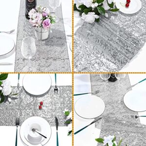 6 Pieces 12 x 108 Inches Sequin Table Runner Glitter Sequin Rectangular Table Runner Cloth for Birthday Wedding Baby Shower Bachelorette Holiday Celebration Party Decorations (Silver)