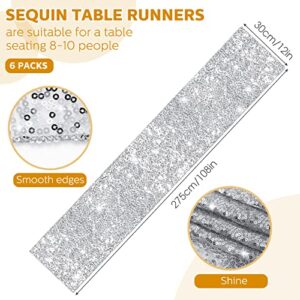 6 Pieces 12 x 108 Inches Sequin Table Runner Glitter Sequin Rectangular Table Runner Cloth for Birthday Wedding Baby Shower Bachelorette Holiday Celebration Party Decorations (Silver)