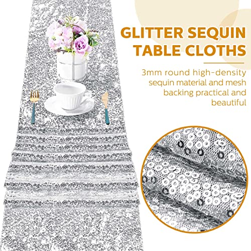 6 Pieces 12 x 108 Inches Sequin Table Runner Glitter Sequin Rectangular Table Runner Cloth for Birthday Wedding Baby Shower Bachelorette Holiday Celebration Party Decorations (Silver)