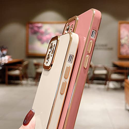 Lafunda Designed for iPhone 12 Case, Luxury Plating Cases for Women Girls Cute Electroplated Golden Edge Shockproof TPU Bumper Cover with Silicone Camera Protective Phone Case for iPhone 12 White