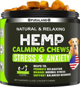 hemp calming chews for dogs with anxiety and stress - 170 dog calming treats - storms, barking, separation - valerian root - melatonin - hemp oil - dog anxiety relief - made in usa | soft chews