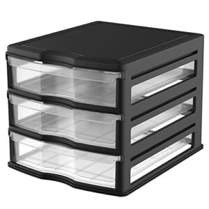 life story 3 drawer stackable shelf organizer plastic storage drawers for bathroom storage, make up, or pantry organization, black