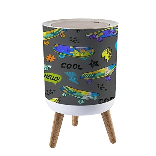 Small Trash Can with Lid Abstract Seamless Grunge for Boys Urban Style Modern with Skateboards Round Recycle Bin Press Top Dog Proof Wastebasket for Kitchen Bathroom Bedroom Office 7L/1.8 Gallon