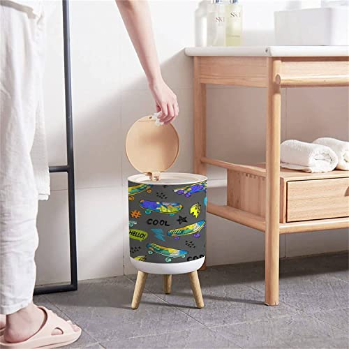 Small Trash Can with Lid Abstract Seamless Grunge for Boys Urban Style Modern with Skateboards Round Recycle Bin Press Top Dog Proof Wastebasket for Kitchen Bathroom Bedroom Office 7L/1.8 Gallon