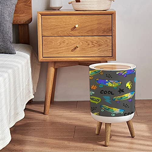 Small Trash Can with Lid Abstract Seamless Grunge for Boys Urban Style Modern with Skateboards Round Recycle Bin Press Top Dog Proof Wastebasket for Kitchen Bathroom Bedroom Office 7L/1.8 Gallon