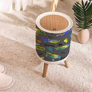 Small Trash Can with Lid Abstract Seamless Grunge for Boys Urban Style Modern with Skateboards Round Recycle Bin Press Top Dog Proof Wastebasket for Kitchen Bathroom Bedroom Office 7L/1.8 Gallon