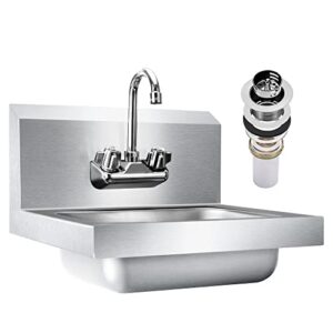 bieama stainless steel sink nsf 17" x 15" commercial wall mount sink, strainer and faucet included, perfect for home, stores, restaurants, bars, etc