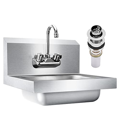 BIEAMA Stainless Steel Sink NSF 17" x 15" Commercial Wall Mount Sink, Strainer and Faucet Included, Perfect for Home, Stores, Restaurants, Bars, etc