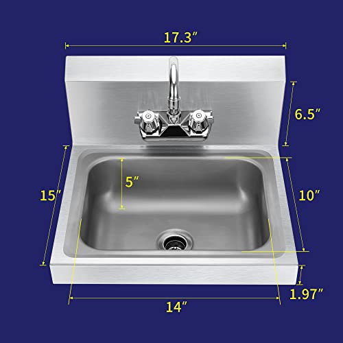 BIEAMA Stainless Steel Sink NSF 17" x 15" Commercial Wall Mount Sink, Strainer and Faucet Included, Perfect for Home, Stores, Restaurants, Bars, etc