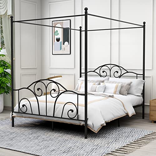 ZIRUWU Metal Four Post Canopy Bed Frame Queen Size with Headboard and Footboard,No Box Spring Needed,Black