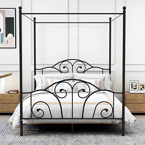 ZIRUWU Metal Four Post Canopy Bed Frame Queen Size with Headboard and Footboard,No Box Spring Needed,Black