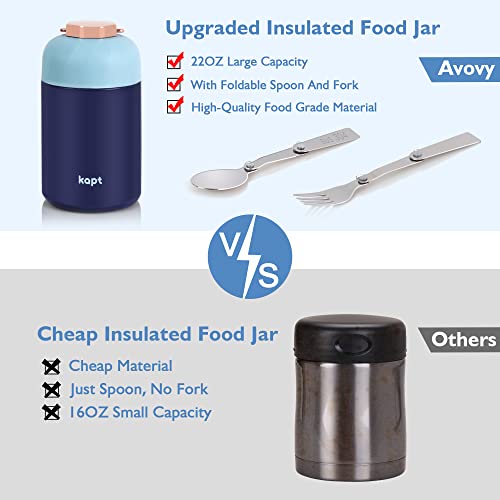 Avovy Thermos For Hot Food - 22 Oz Insulated Food Jar, Insulated Lunch Container With Bowl, Foldable Spoon&Fork, Powerful Insulated Food Thermos For School Office Camping Travel (Blue)