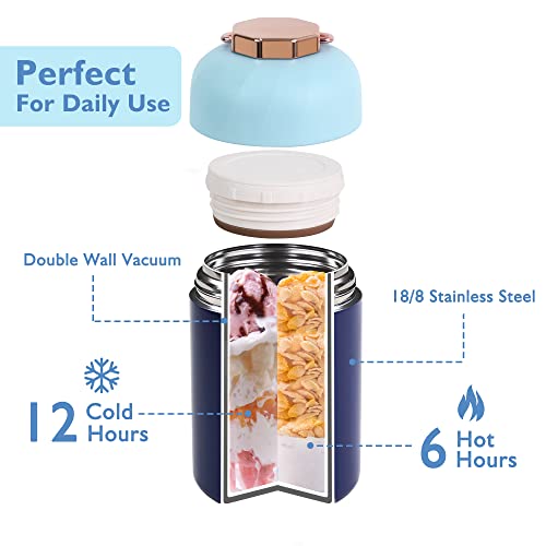 Avovy Thermos For Hot Food - 22 Oz Insulated Food Jar, Insulated Lunch Container With Bowl, Foldable Spoon&Fork, Powerful Insulated Food Thermos For School Office Camping Travel (Blue)